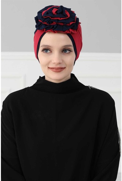 Moda Çizgi Çift Renkli Güllü Bone Bordo