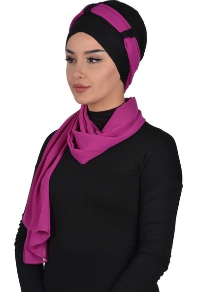 Moda Çizgi Penye Boneli Şifon Şal Siyah Moda Çizgi Penye Boneli Şifon Şal Siyah