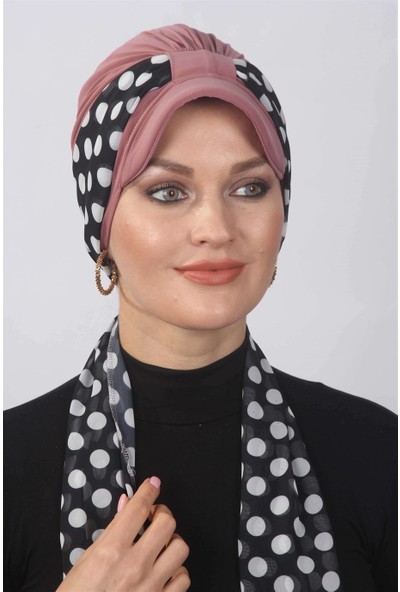 Moda Çizgi Puantiyeli Fularlı Şapka Bone Gül Kurusu