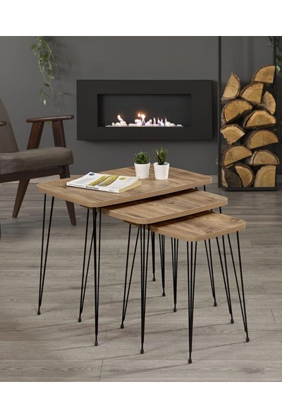 Eymen Mobilya 3'lü Zigon Sehpa Atlantik Çam Desenli