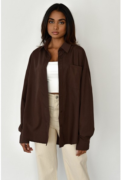 Madmext Kahverengi Oversize Basic Cepli Poplin Gömlek MG1530 Madmext Kahverengi Oversize Basic Cepli Poplin Gömlek MG1530
