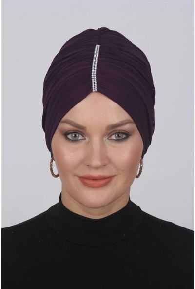 Moda Çizgi Büzgülü Taşlı Bone Mürdüm