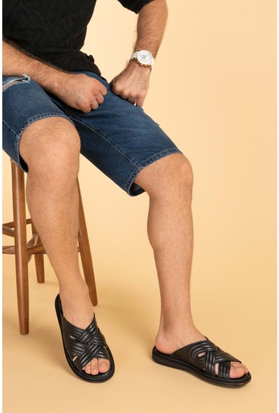 Gondol Erkek Deri Comfort Günlük Şık Terlik KML.140 - Siyah - 45