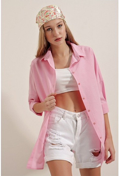 Kadın Pembe Oversize Uzun Basic Gömlek Kadın Pembe Oversize Uzun Basic Gömlek