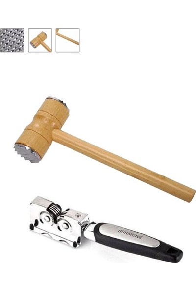 Anadolu Saray Çarşısı Pratik 2'li Ahşap Saplı Et Yumuşatıcı Çekiç ve Bıçak Bileme Aparatı