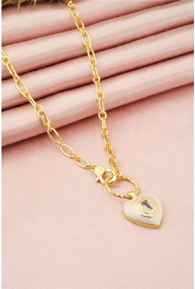 By Zeyna Aksesuar Kadın Özel Tasarım Krem Mineli Kilit Figürlü Kolye