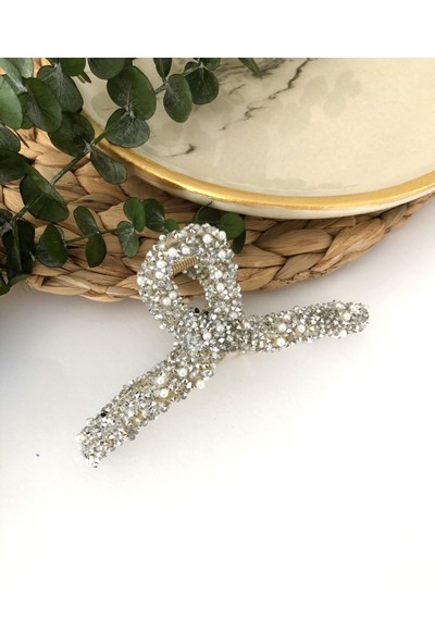 La Rouge Taşlı ve Incili Düğüm Mandal Toka Koyu Gri