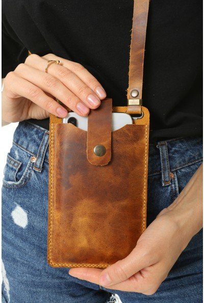 Hakiki Deri Omuz Askılı Telefon Çantası Çıtçıt Kapaklı