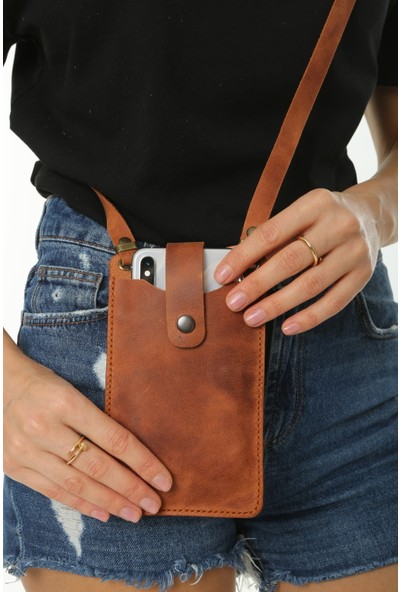 Hakiki Deri Omuz Askılı Telefon Çantası Çıtçıt Kapaklı