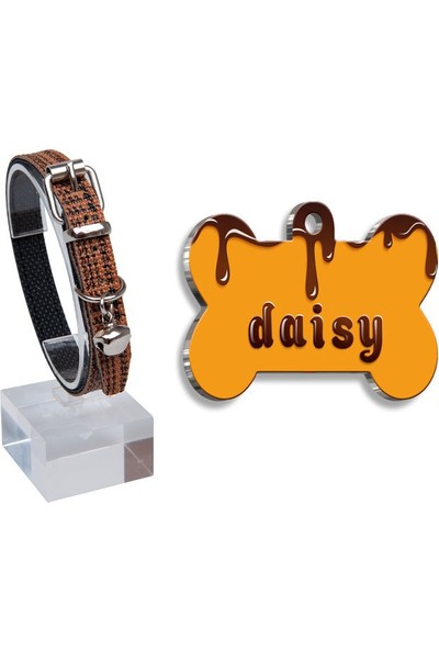 Kobal Business Çikolata Desenli Kedi Köpek Künyesi+Kahverengi Desenli Deri Kedi Köpek Boyun Tasması 30 cm