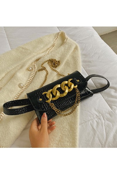 Kadın Mini Crossbody Zincir Detaylı ve Askılı Kemerli Şık Bel Çantası
