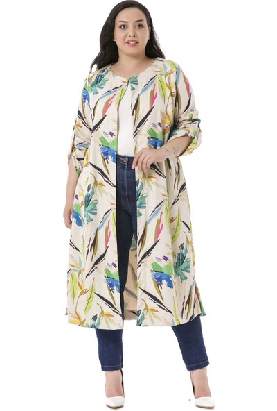 Disentis Modest Büyük Beden Yuvarlak Yaka Katlamalı Kollu Yanları Yırtmaçlı Cepli Astarsız Bej Rengi Kadın Ceket