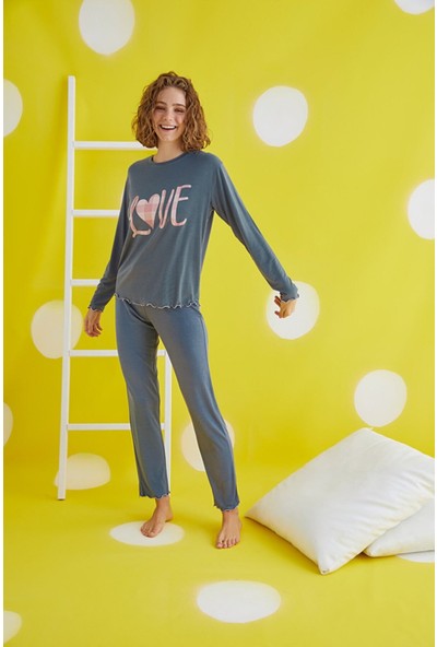 Sevim Kadın Pijama Takım Baskılı Antrasit