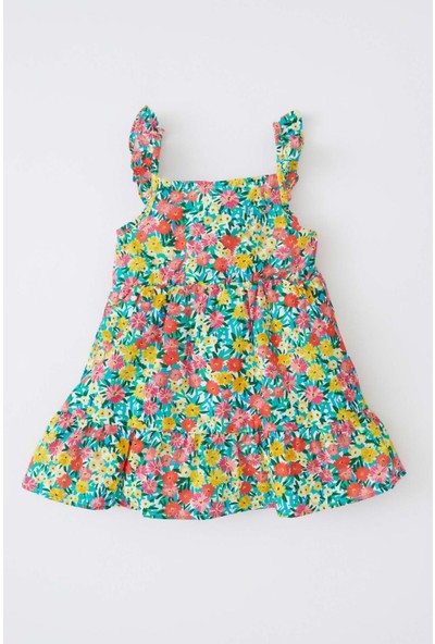 DeFacto Kız Bebek Çiçekli Regular Fit Askılı Keten Görünümlü Elbise Y6410A222SM
