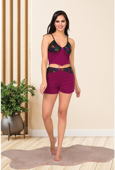 Myben Kadın Mor Renkli Göbek Üstü Varak Detaylı Askılı Şortlu Kadın Pijama Takımı 398