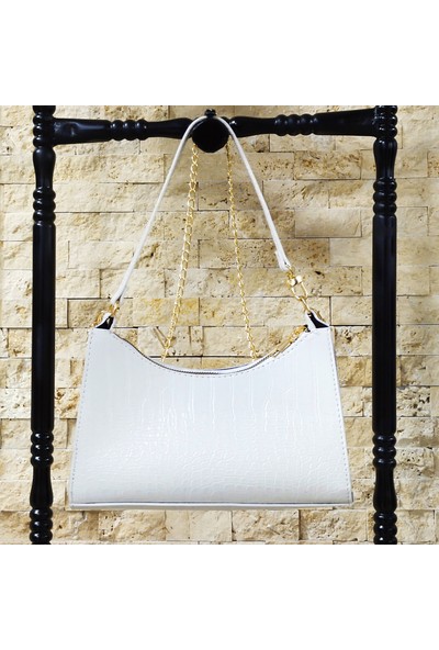 E Moda Beyaz Kadın Krokodil Baget Baguette Lüks El ve Omuz Çantası E Moda Beyaz Kadın Krokodil Baget Baguette Lüks El ve Omuz Çantası