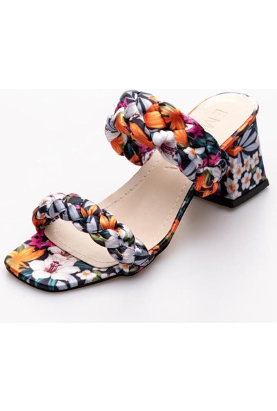 Duygushoesbag Duygu Shoes Flower Çiçek Desenli Kalın Topuk Iki Bantlı Kadın Topuklu Terlik
