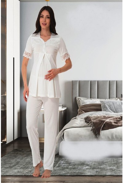 Effortt Ekru Dantelli Hamile Lohusa Pijama Takımı Effortt Ekru Dantelli Hamile Lohusa Pijama Takımı
