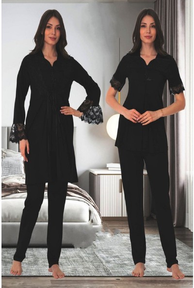 Effortt Siyah Sabahlıklı Hamile Lohusa Pijama Takımı Effortt Siyah Sabahlıklı Hamile Lohusa Pijama Takımı