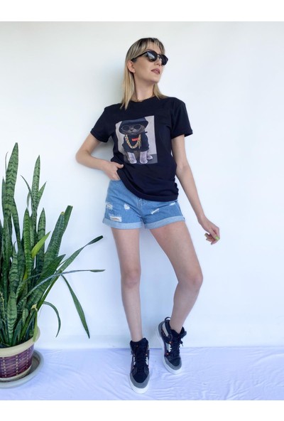 Kadın Ayıcık Baskılı Tshirt Siyah