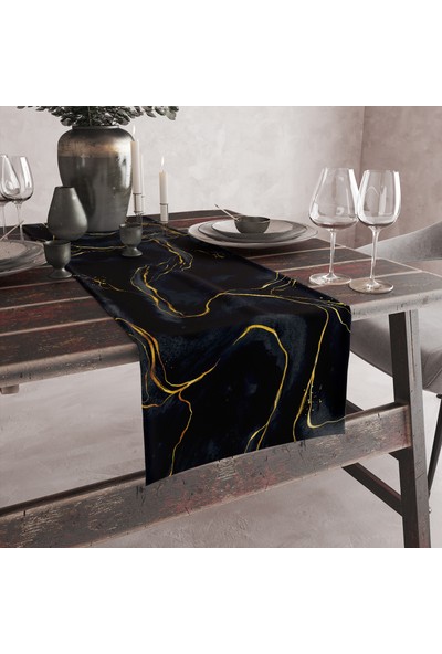Vagonik Siyah Gold Mermer Desenli Dijital Baskılı Runner 140X40