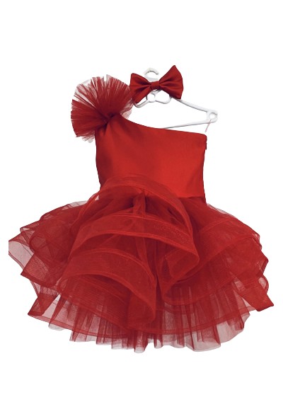 Ellussi Kırmızı Saten Grenli Tek Omuz Kabarık Elbise