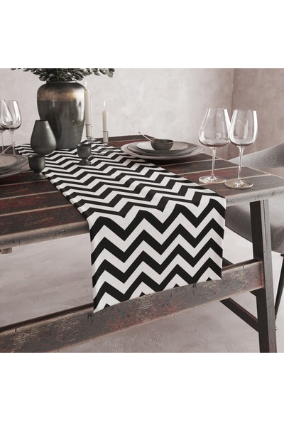 Vagonik Siyah Beyaz Yan Zigzag Desenli Dijital Baskılı Runner 140X40 Vagonik Siyah Beyaz Yan Zigzag Desenli Dijital Baskılı Runner 140X40