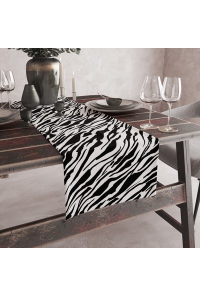Vagonik Siyah Beyaz Zebra Desenli Dijital Baskılı Runner 140X40 Vagonik Siyah Beyaz Zebra Desenli Dijital Baskılı Runner 140X40