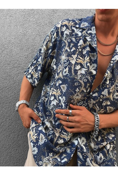 Desenli Küba Yaka Oversize Gömlek Mavi