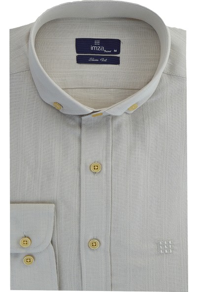 İmza Bej Kendinden Çizgili Desen Slim Fit Kısalabilir Kollu Gömlek