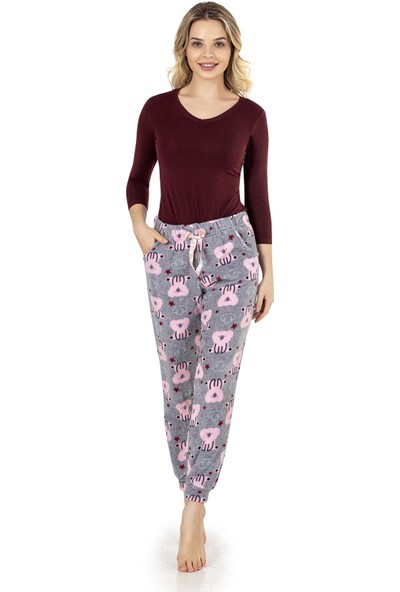 Obje Koala Desenli Bant Paça Kadın Polar Alt