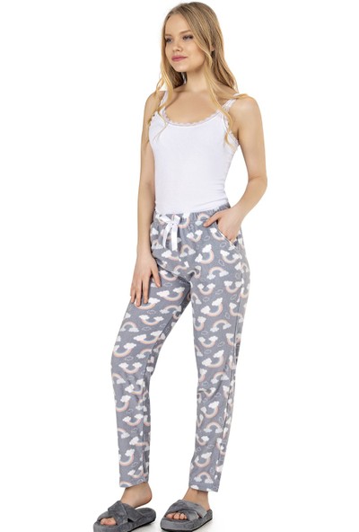 Obje Gri Gökkuşağı Desenli Polar Pijama Altı
