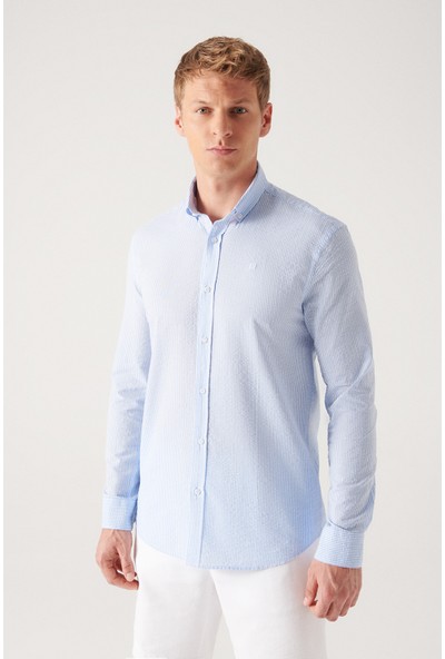 Seersucker Küba Yaka Leisure Fit Gömlek_mavi