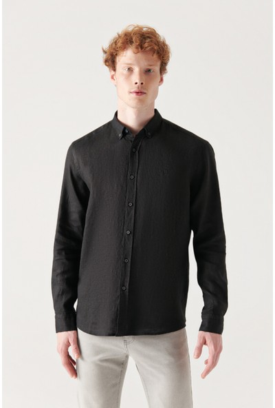 AVVA Düz Düğmeli Yaka Comfort Fit Keten Gömlek_siyah