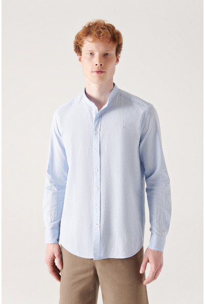 AVVA Hakim Yaka Keten Gömlek_mavi