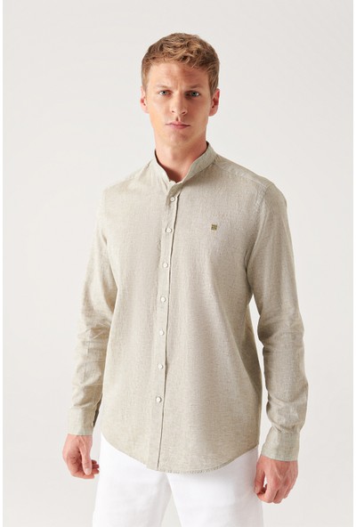 Hakim Yaka Keten Gömlek_haki