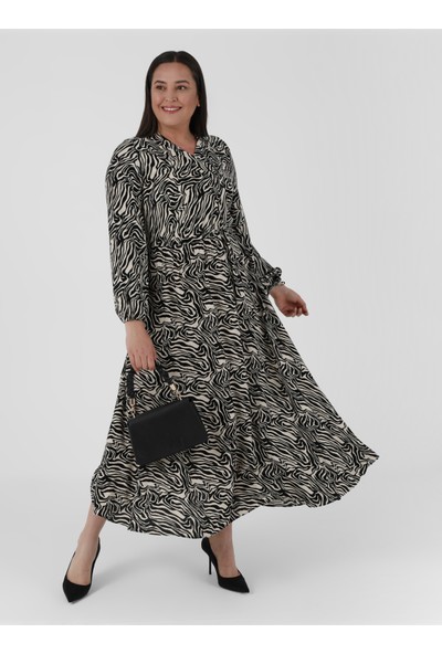 Alia Büyük Beden Doğal Kumaşlı Zebra Desenli Elbise - Siyah Ekru - Alia Alia Büyük Beden Doğal Kumaşlı Zebra Desenli Elbise - Siyah Ekru - Alia