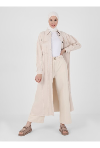 Refka Kemer Detaylı Geniş Paça Kot Pantolon - Açık Taş - Refka Casual