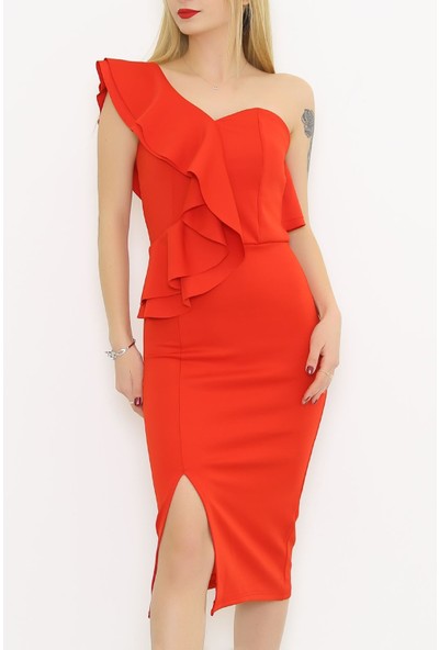 Hepsi Yeni Moda Hepsiyenimoda Tek Omuz Fırfırlı Elbise Kırmızı