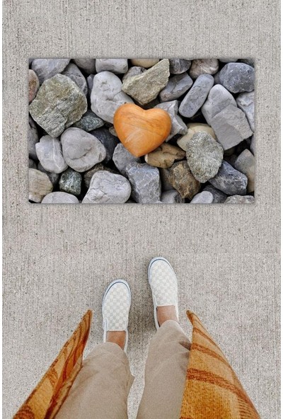 Cotton Garden Dijital Baskı Dekoratif Kalp Gri Kapı Önü Paspası PS1193