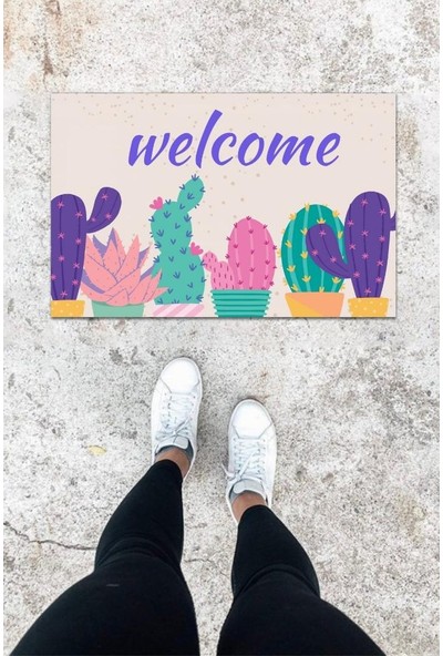 Cotton Garden Dijital Baskı Mor Kaktüs Desen Kapı Önü Paspası PS1413