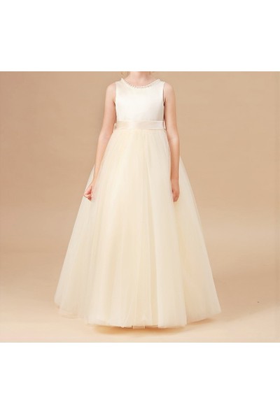 Nsmkidslife Inci Detaylı Ekru Kız Çocuk Balo Doğum Günü Mezuniyet Parti Abiye Elbise