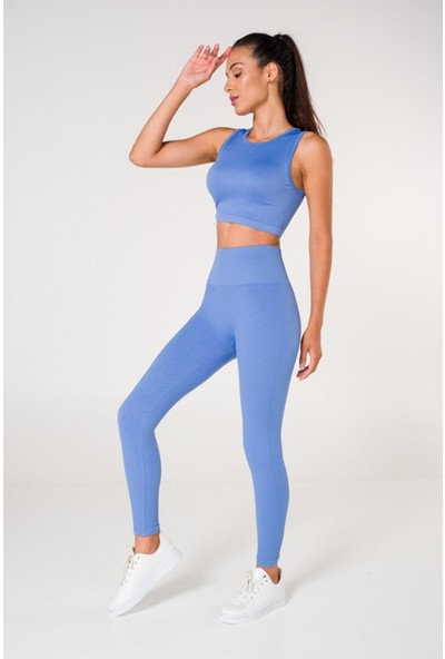MDZ Collection Toparlayıcı Seamless Fitilli Spor Crop Top Takım Mavi