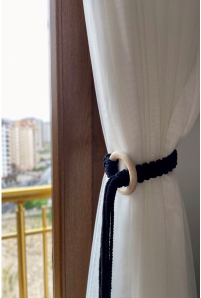 2 Adet Siyah Braid Ahşap Halkalı Makrome Perde Süsü