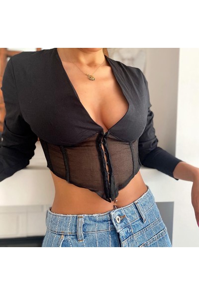 Tuba Kara Kadın Siyah Korseli Gömlek