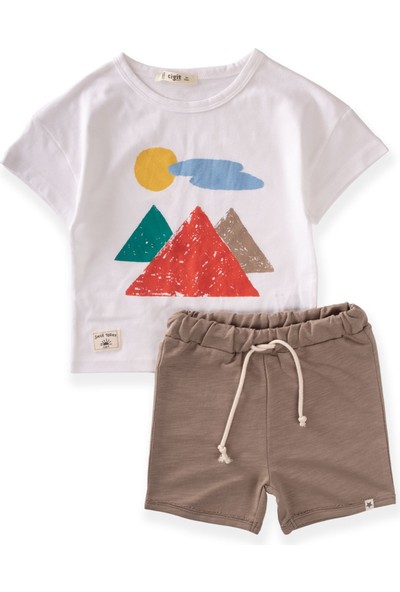 Cigit Üçgen Dağ Baskılı Kapri Takım 2-8 Yaş Ekru