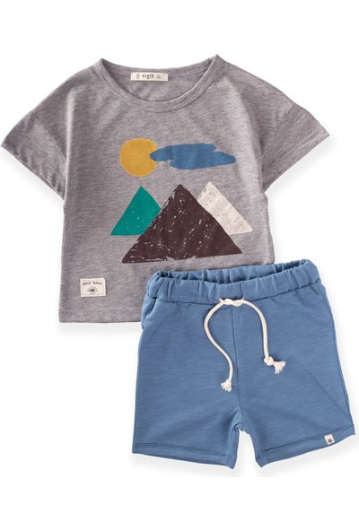 Cigit Üçgen Dağ Baskılı Kapri Takım 2-8 Yaş Gri Melanj