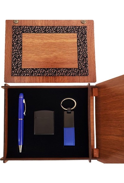Nefertiya Ahşap Kutulu Mavi Kalem Anahtarlık ve Çakmak Set Nefertiya Ahşap Kutulu Mavi Kalem Anahtarlık ve Çakmak Set