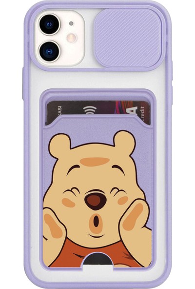 ShoptoCase Iphone 11 Winnie The Pooh Tasarımlı Sürgülü Kamera ve Kartlıklı Telefon Kılıfı