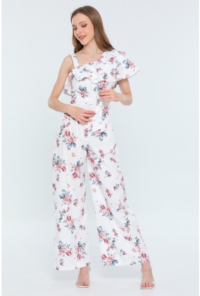 Julude Krem Kadın Tek Omuz Askılı Fırfır Detaylı Desenli Tulum P-039816